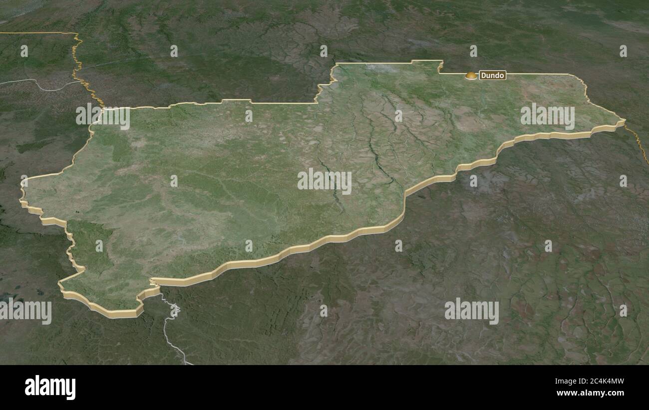 Zoom in on Lunda Norte (province of Angola) extruded. Oblique ...