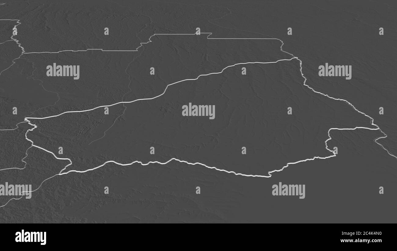 Zoom in on Lunda Sul (province of Angola) outlined. Oblique perspective ...