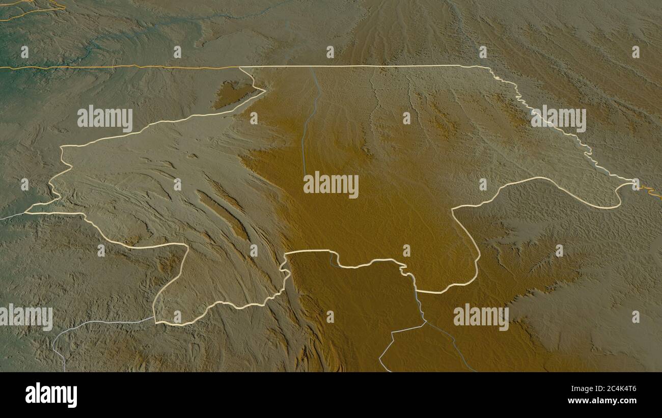 Zoom in on Uíge (province of Angola) outlined. Oblique perspective ...