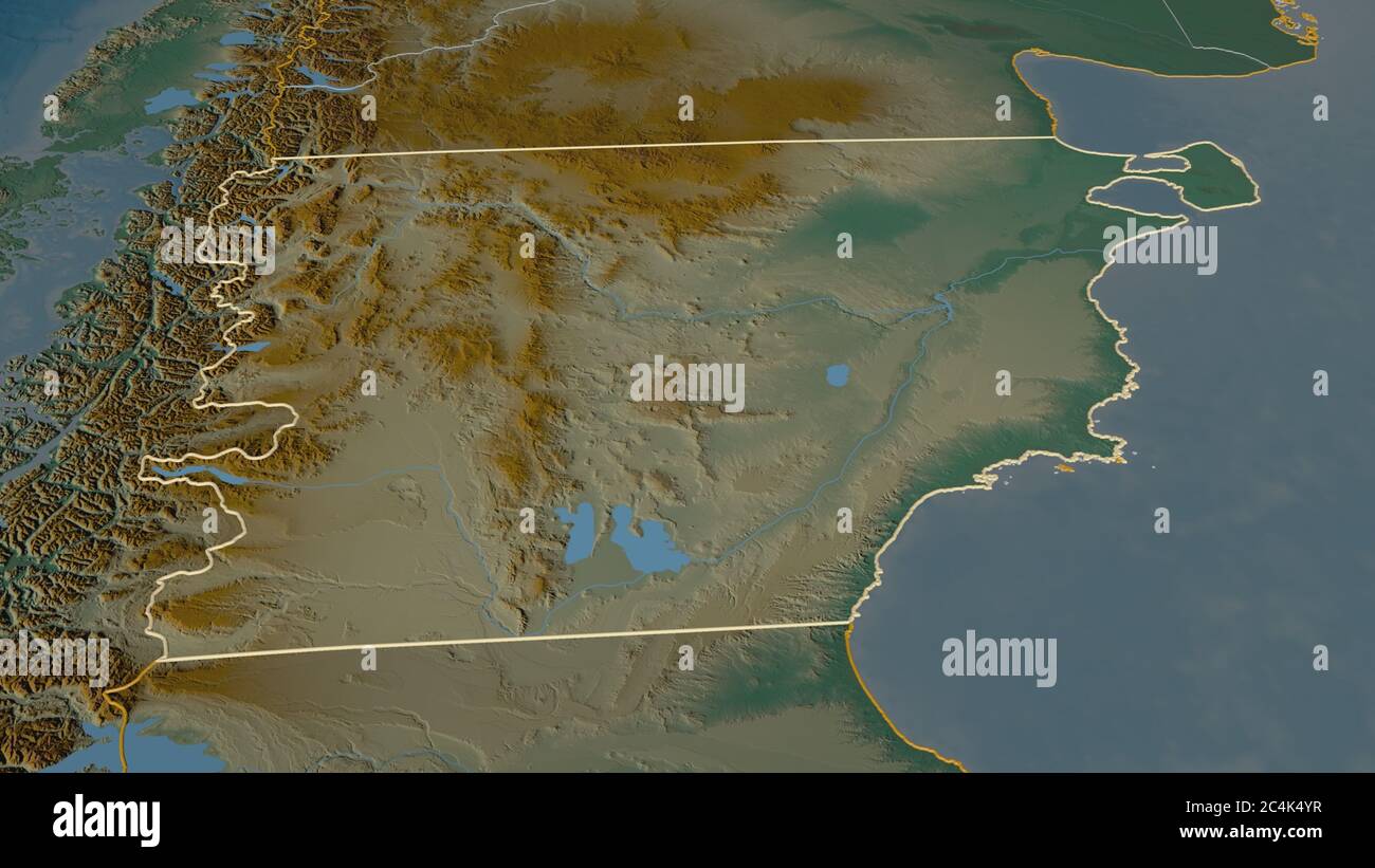 Zoom in on Chubut (province of Argentina) outlined. Oblique perspective ...