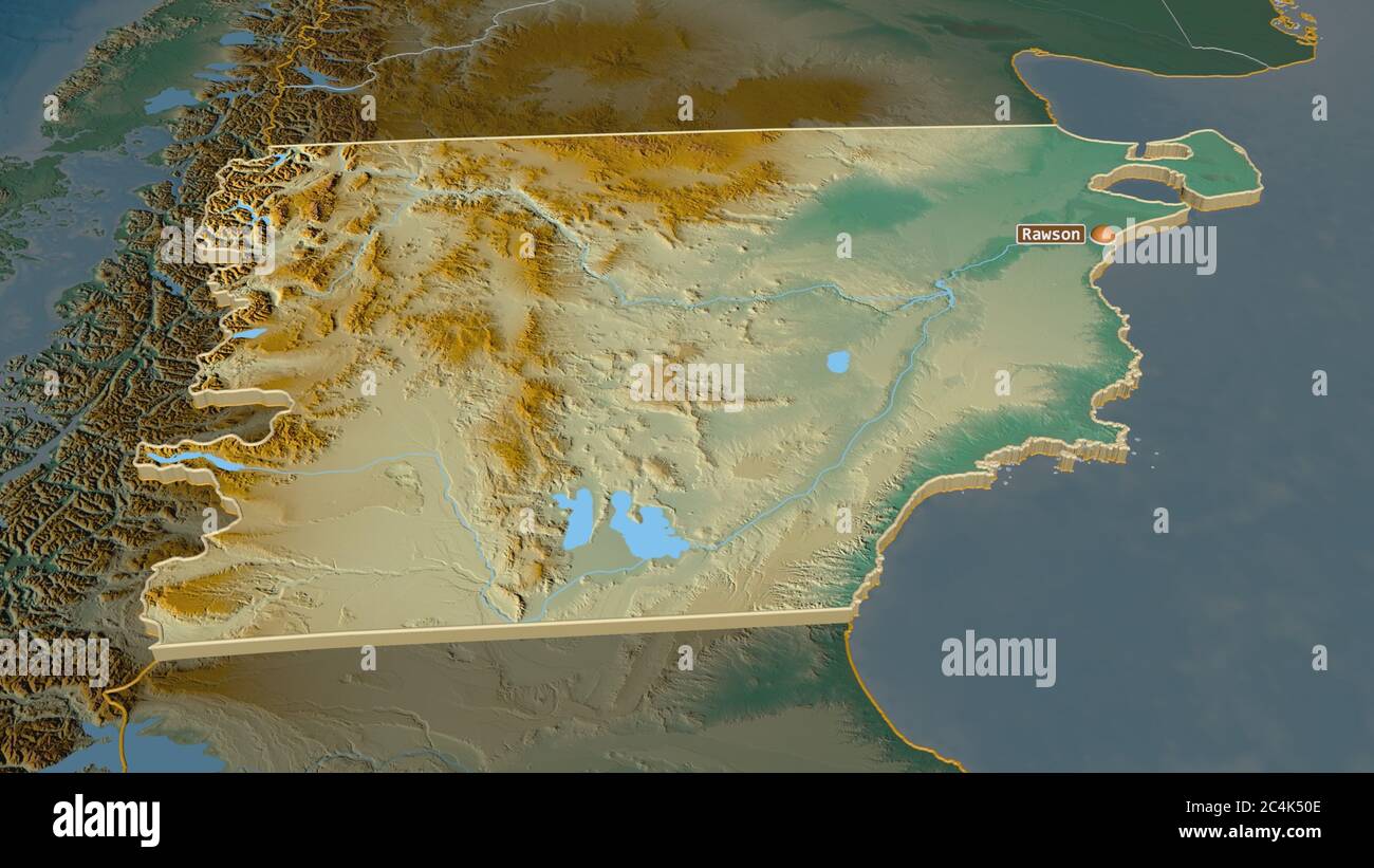 Zoom in on Chubut (province of Argentina) extruded. Oblique perspective ...