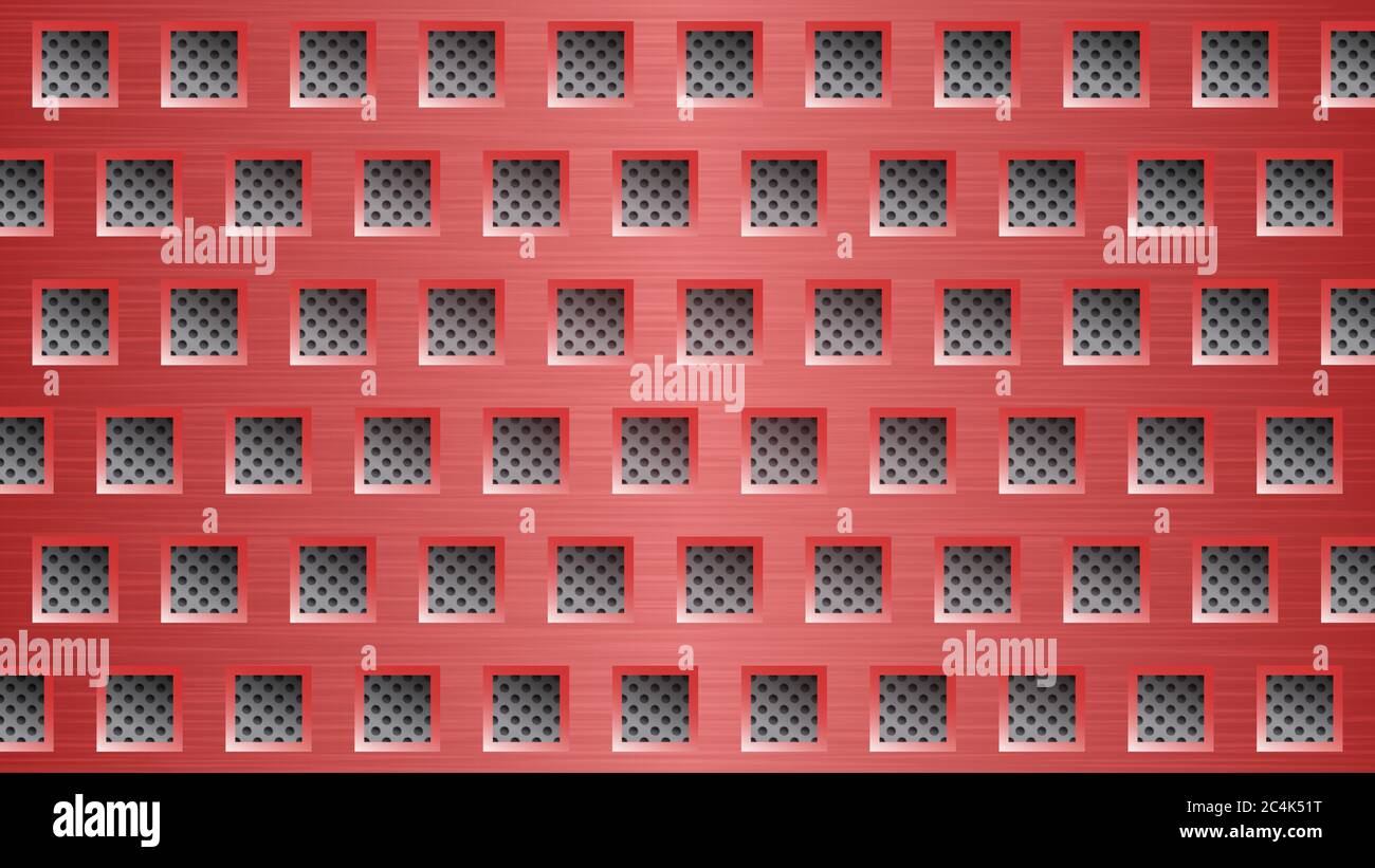Abstract metal background with square holes in red and gray colors ...