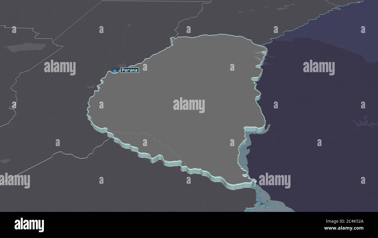 Zoom in on Entre Ríos (province of Argentina) extruded. Oblique ...