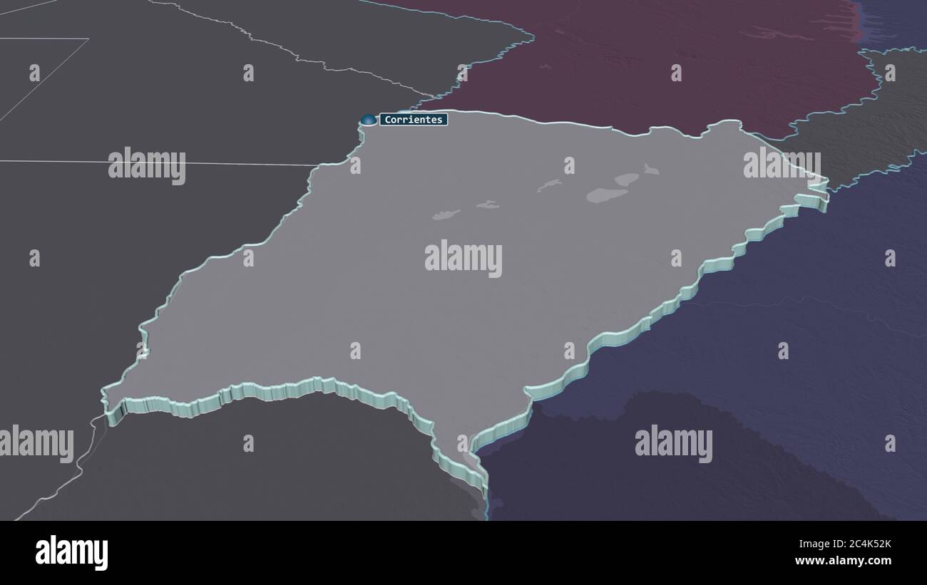 Zoom in on Corrientes (province of Argentina) extruded. Oblique ...