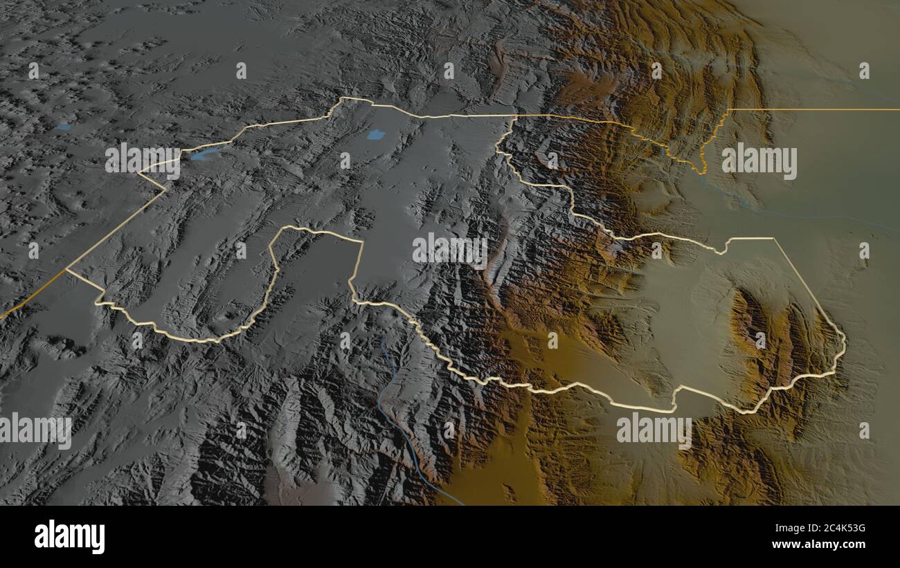 Zoom in on Jujuy (province of Argentina) outlined. Oblique perspective ...