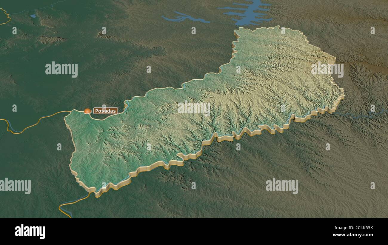 Zoom in on Misiones (province of Argentina) extruded. Oblique ...