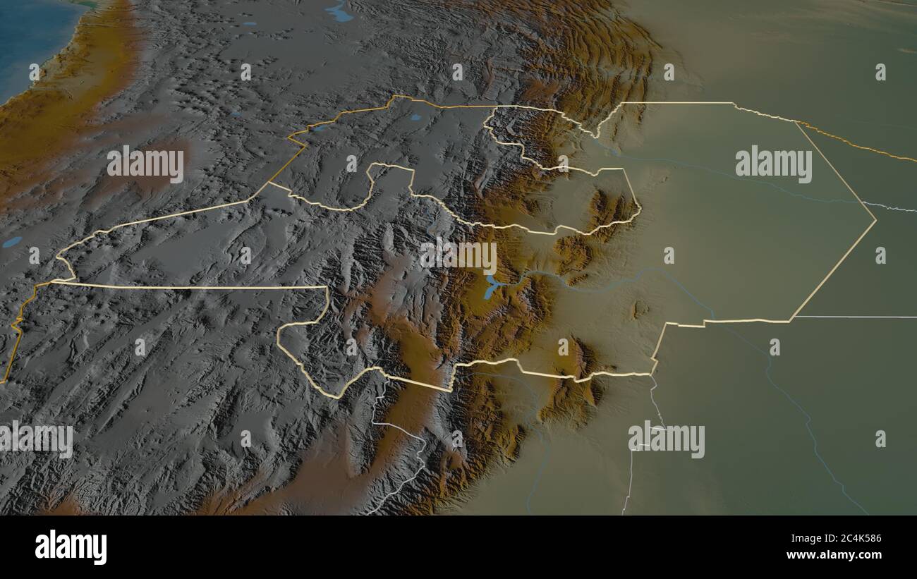 Zoom in on Salta (province of Argentina) outlined. Oblique perspective ...