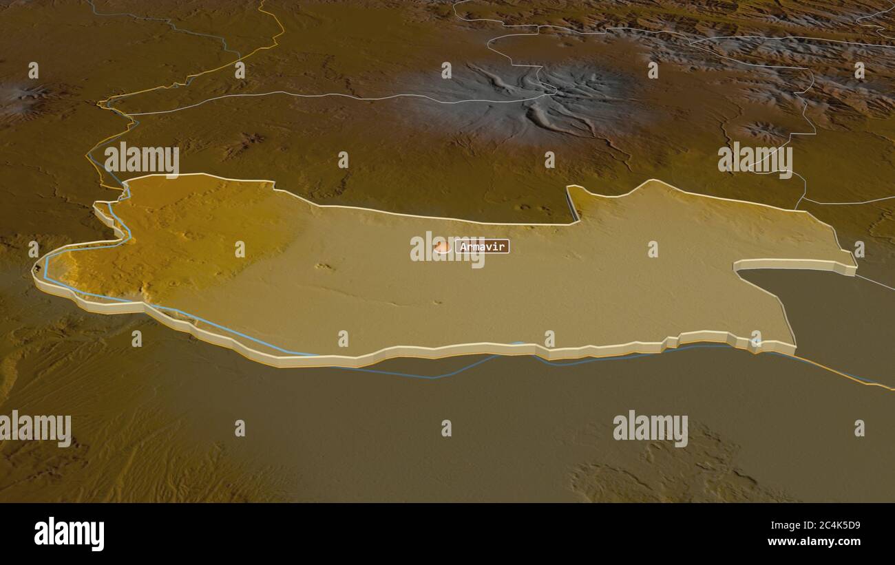 Zoom in on Armavir (province of Armenia) extruded. Oblique perspective ...