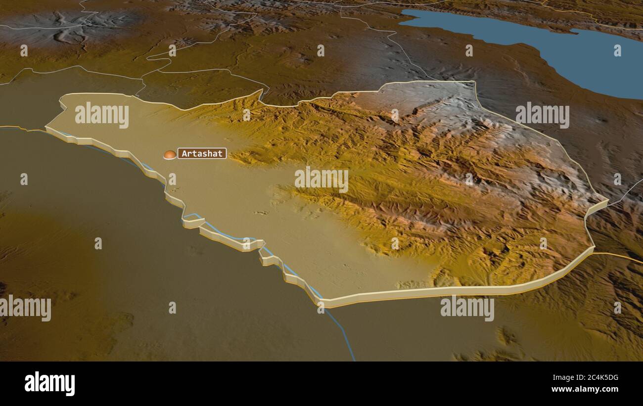 Zoom in on Ararat (province of Armenia) extruded. Oblique perspective ...