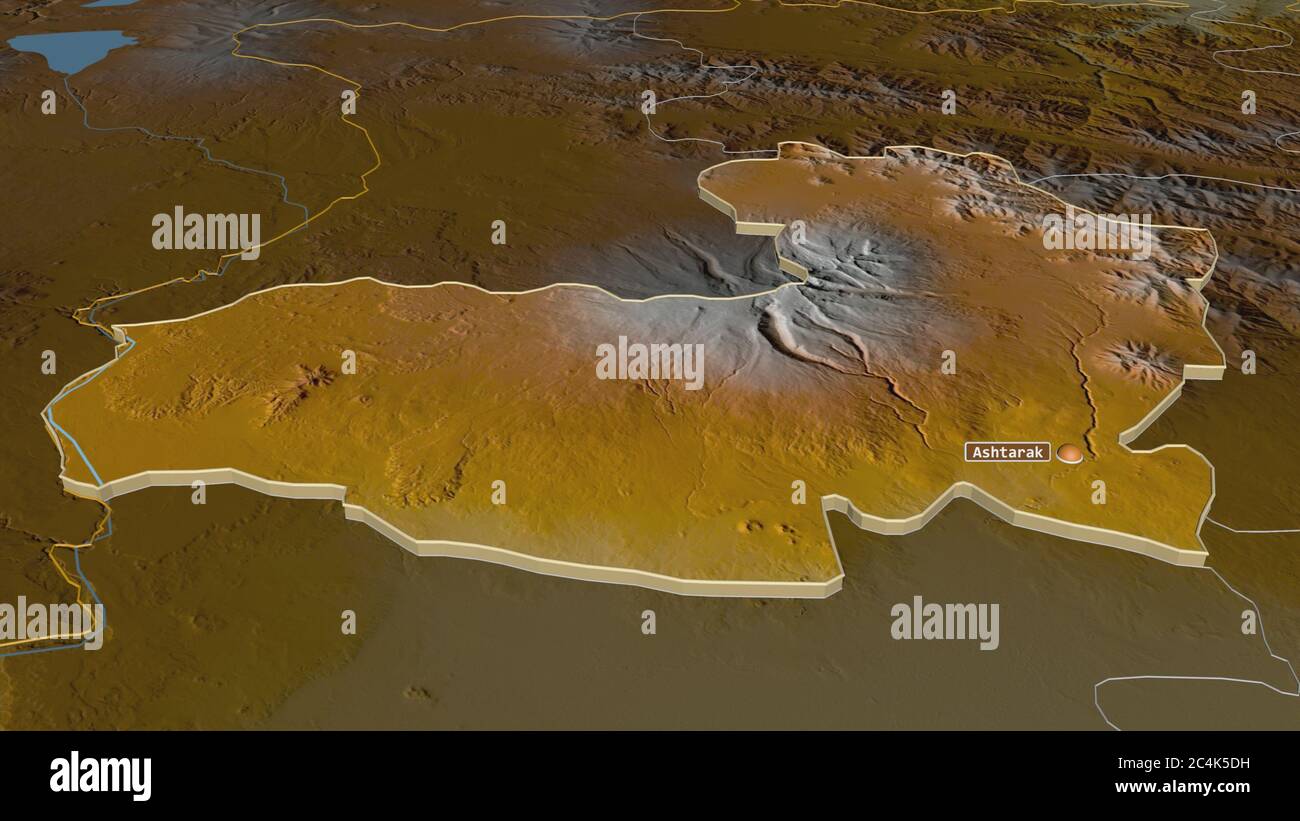 Zoom in on Aragatsotn (province of Armenia) extruded. Oblique ...