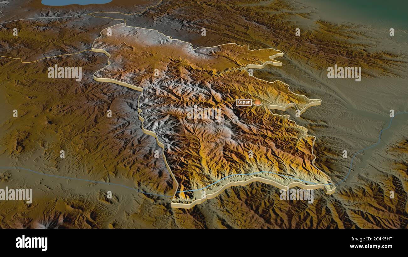 Zoom in on Syunik (province of Armenia) extruded. Oblique perspective ...