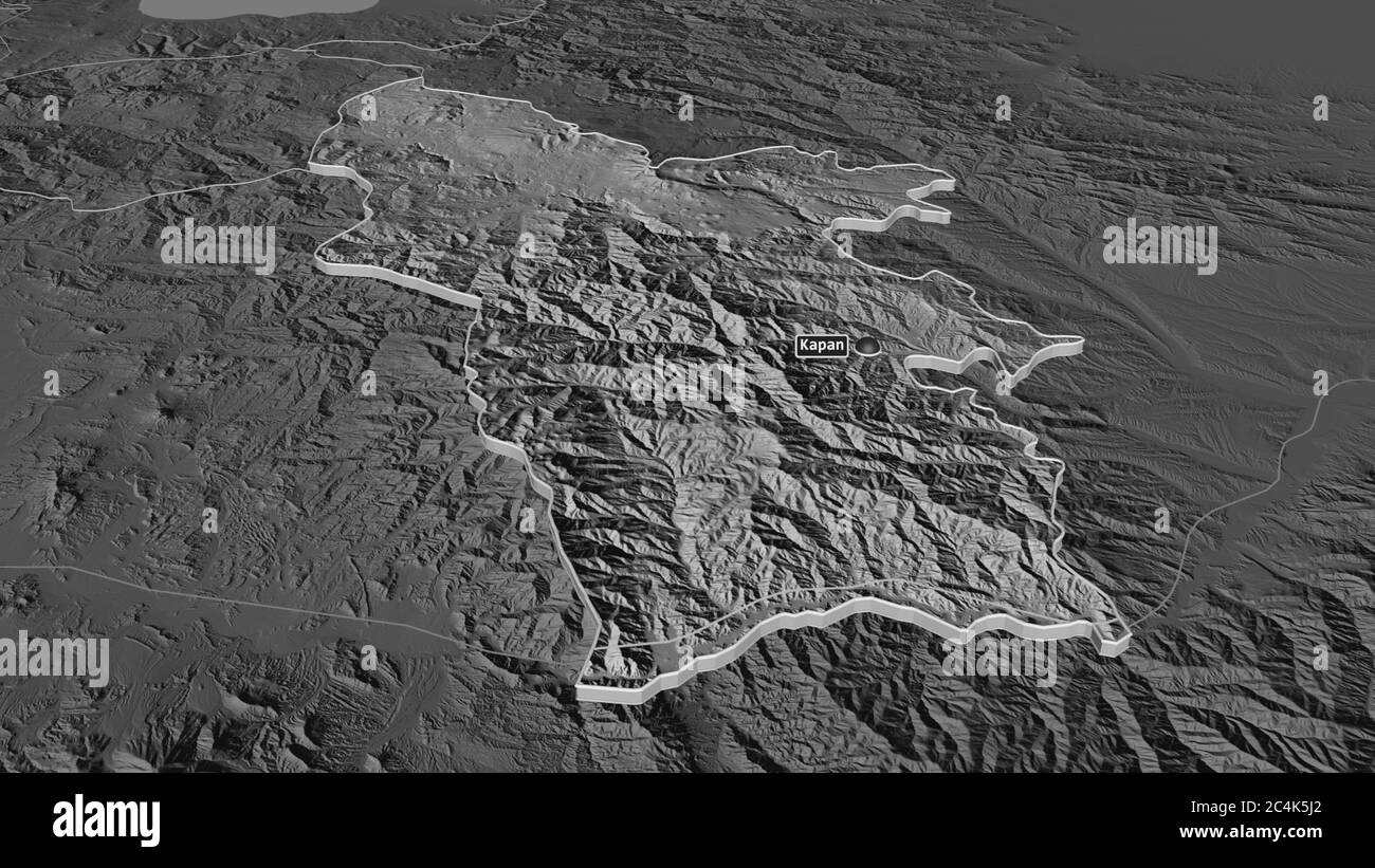Zoom in on Syunik (province of Armenia) extruded. Oblique perspective ...