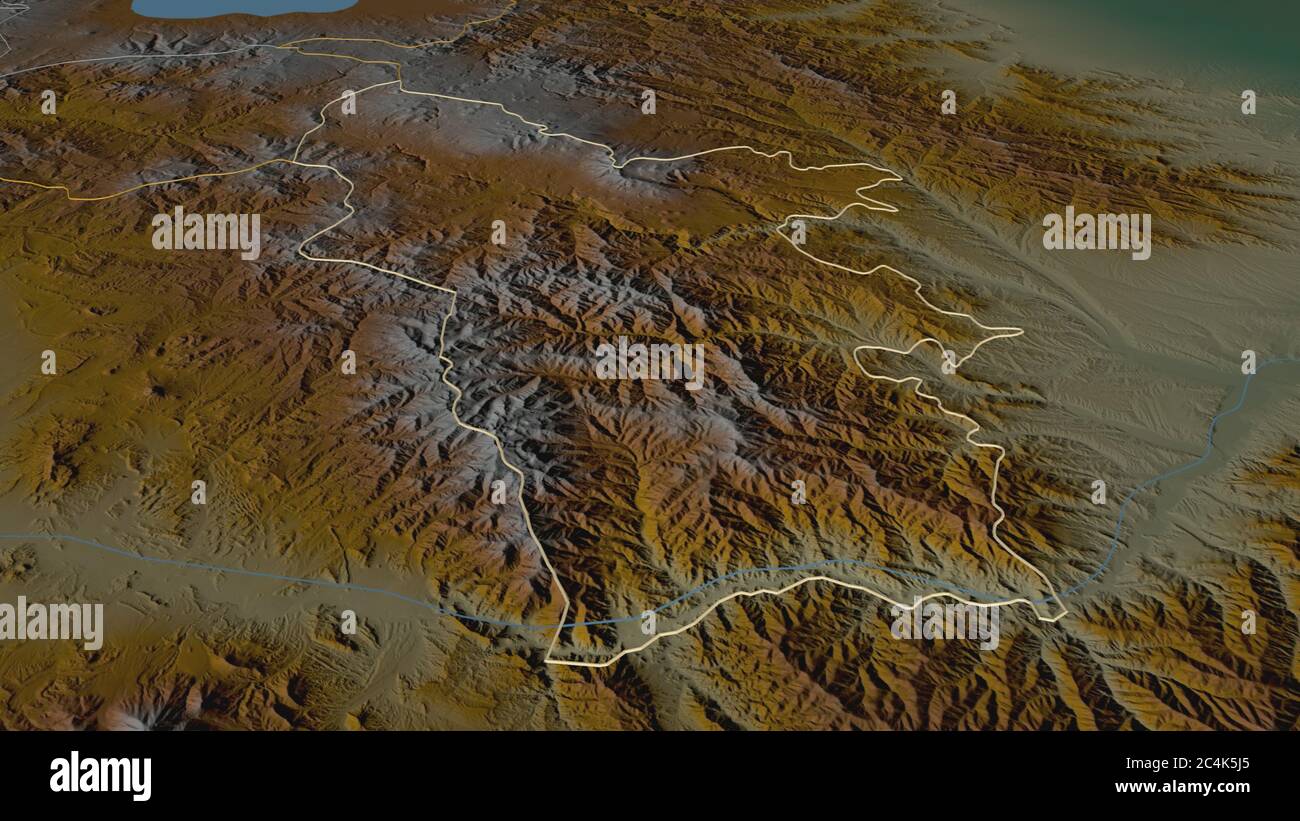 Zoom in on Syunik (province of Armenia) outlined. Oblique perspective ...