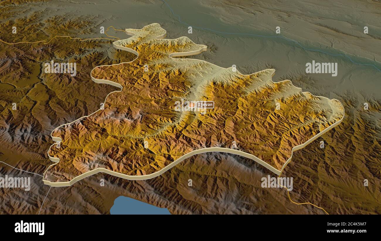 Zoom in on Tavush (province of Armenia) extruded. Oblique perspective ...