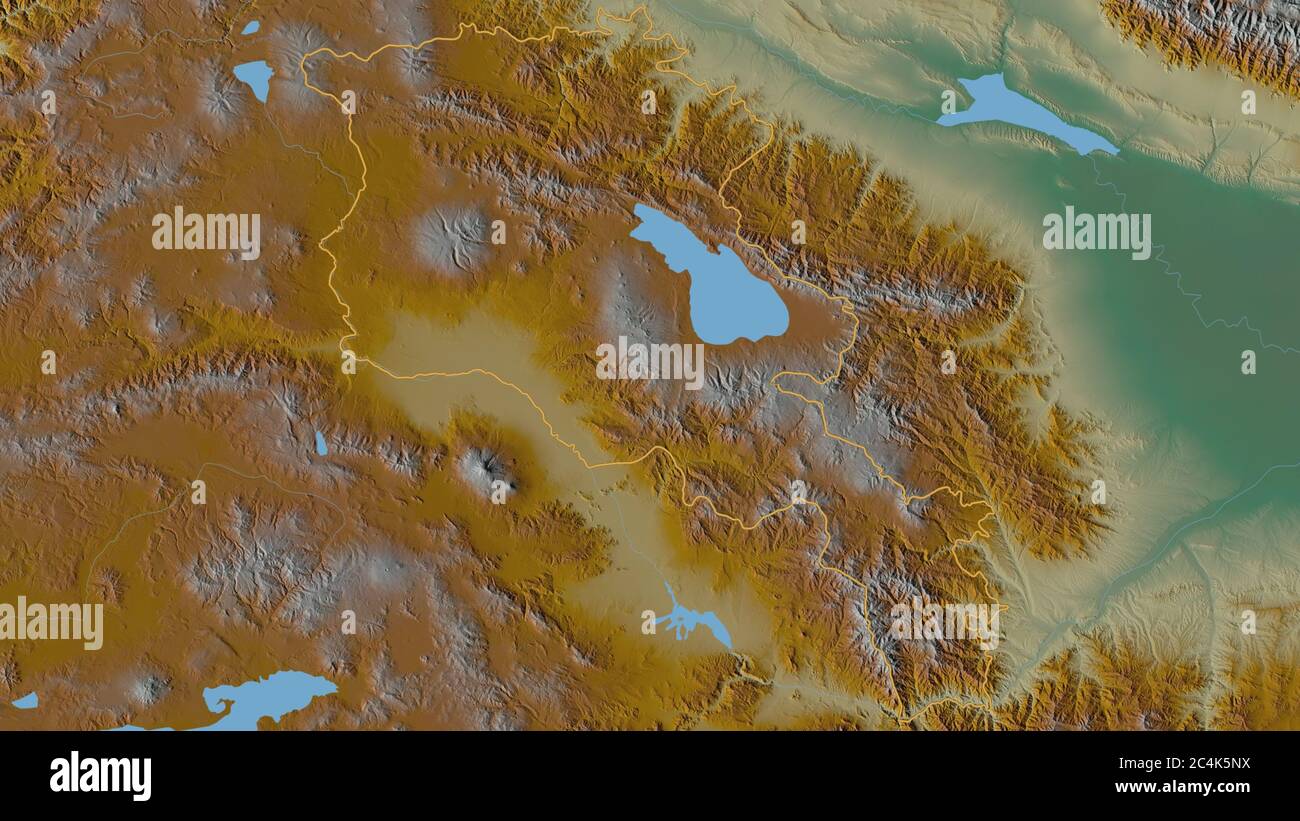 Outlined shape of the Armenia area. Topographic relief map with surface ...