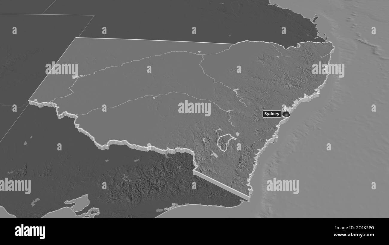 Zoom in on New South Wales (state of Australia) extruded. Oblique ...