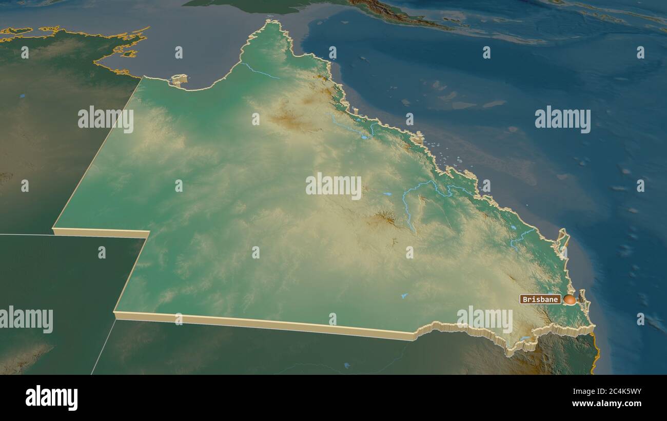 Zoom in on Queensland (state of Australia) extruded. Oblique ...