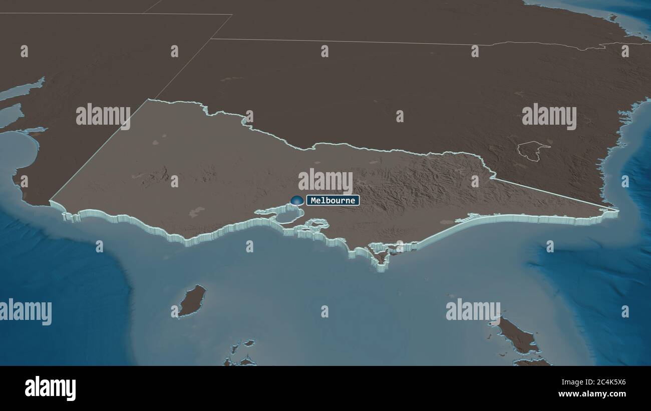 Zoom in on Victoria (state of Australia) extruded. Oblique perspective ...