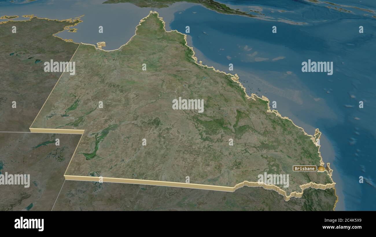Zoom in on Queensland (state of Australia) extruded. Oblique ...