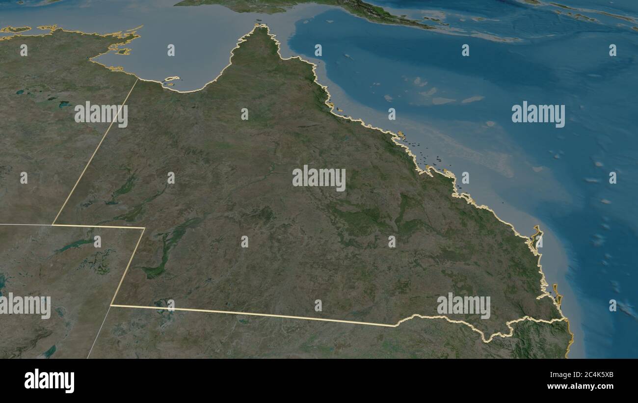 Zoom in on Queensland (state of Australia) outlined. Oblique ...