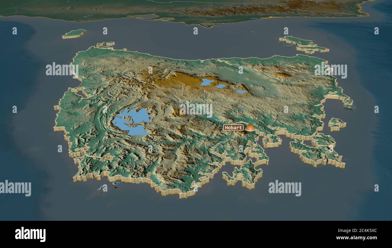 Zoom in on Tasmania (state of Australia) extruded. Oblique perspective ...