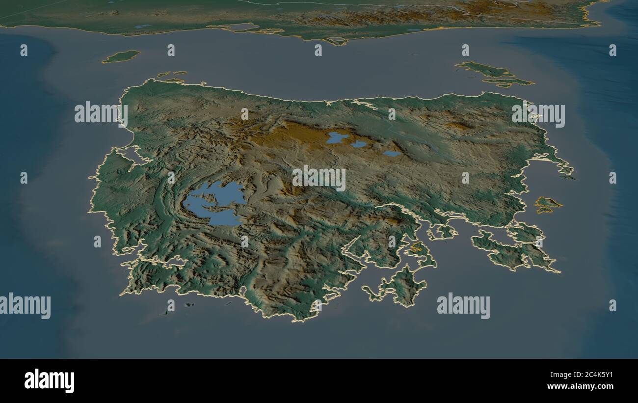 Zoom in on Tasmania (state of Australia) outlined. Oblique perspective ...