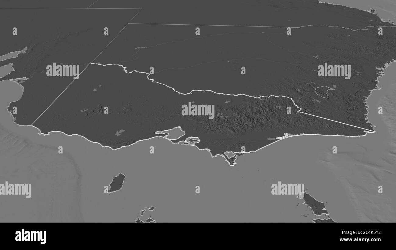 Zoom in on Victoria (state of Australia) outlined. Oblique perspective ...