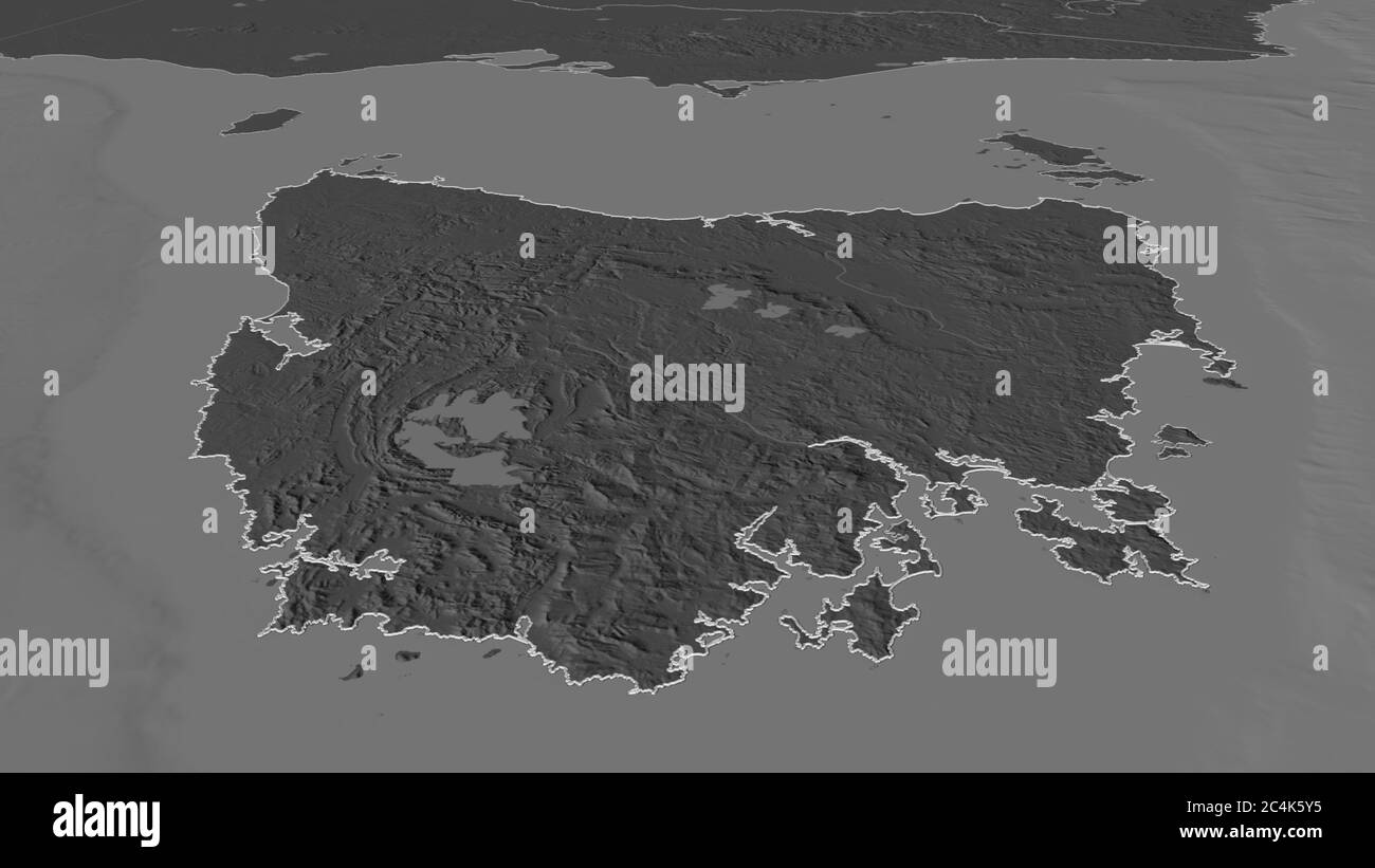 Zoom in on Tasmania (state of Australia) outlined. Oblique perspective ...