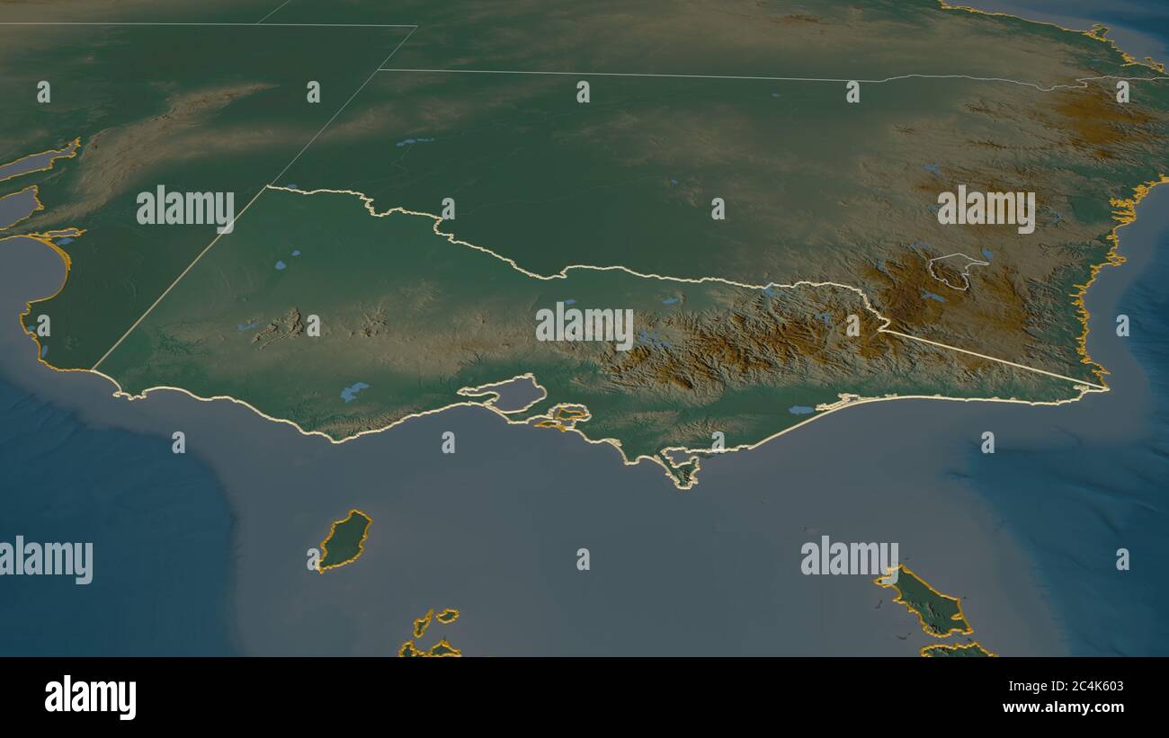 Zoom in on Victoria (state of Australia) outlined. Oblique perspective ...