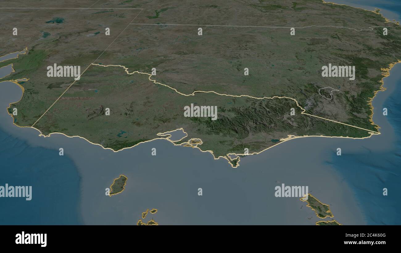 Zoom in on Victoria (state of Australia) outlined. Oblique perspective ...