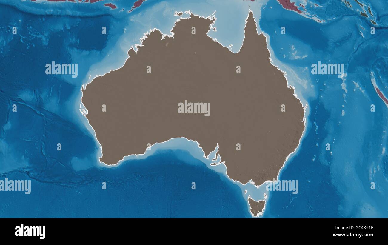 Outlined shape of the Australia area. Colored and bumped map of the ...