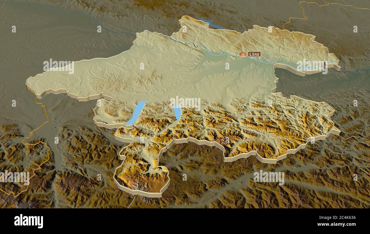 Zoom in on Oberösterreich (state of Austria) extruded. Oblique ...
