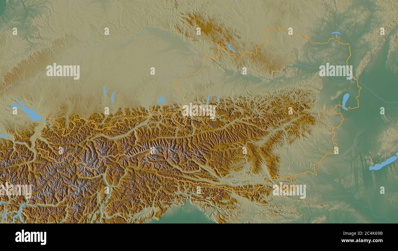Outlined shape of the Austria area. Topographic relief map with surface ...