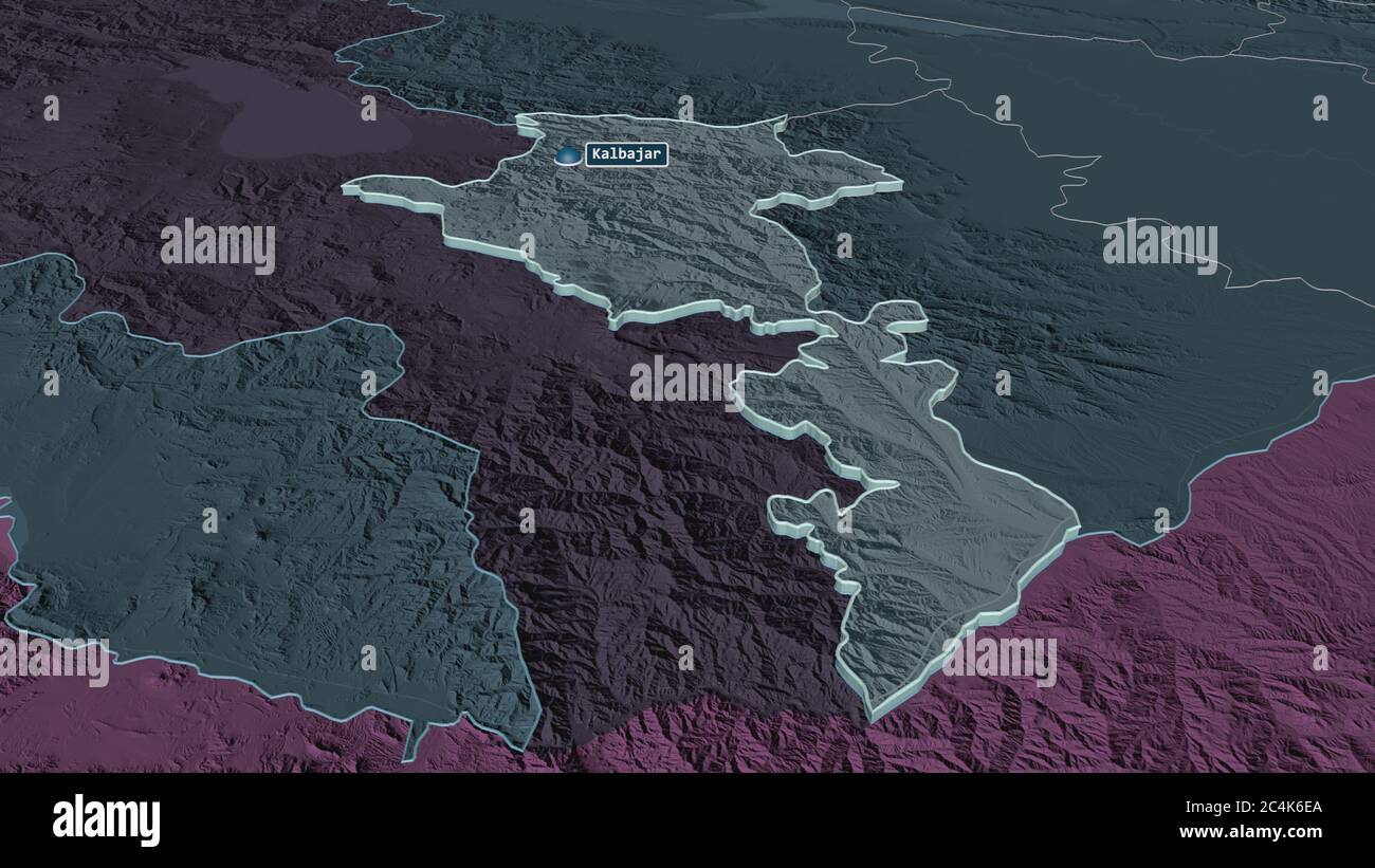 Zoom in on Kalbajar-Lachin (region of Azerbaijan) extruded. Oblique ...