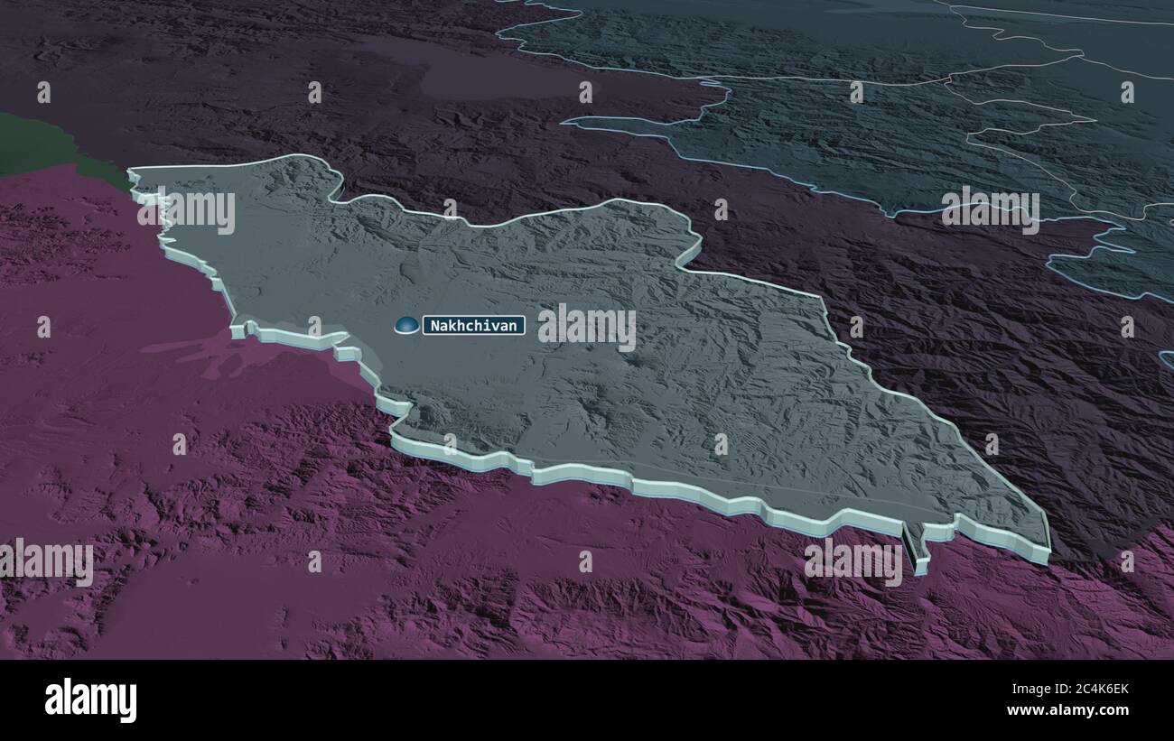 Zoom in on Nakhchivan (region of Azerbaijan) extruded. Oblique ...