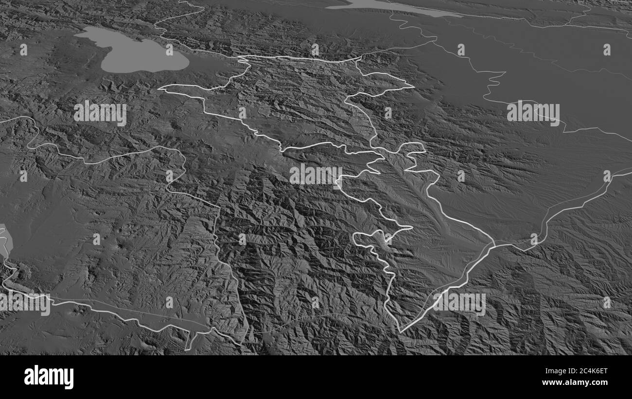 Zoom in on Kalbajar-Lachin (region of Azerbaijan) outlined. Oblique ...