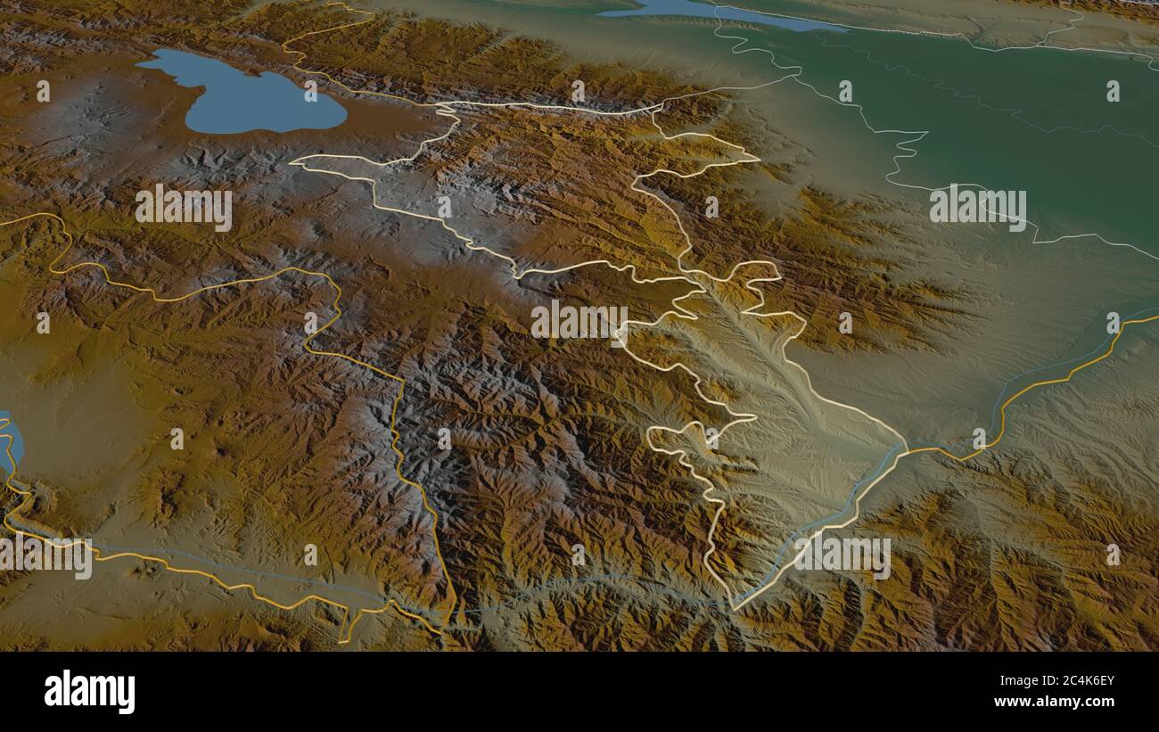 Zoom in on Kalbajar-Lachin (region of Azerbaijan) outlined. Oblique ...
