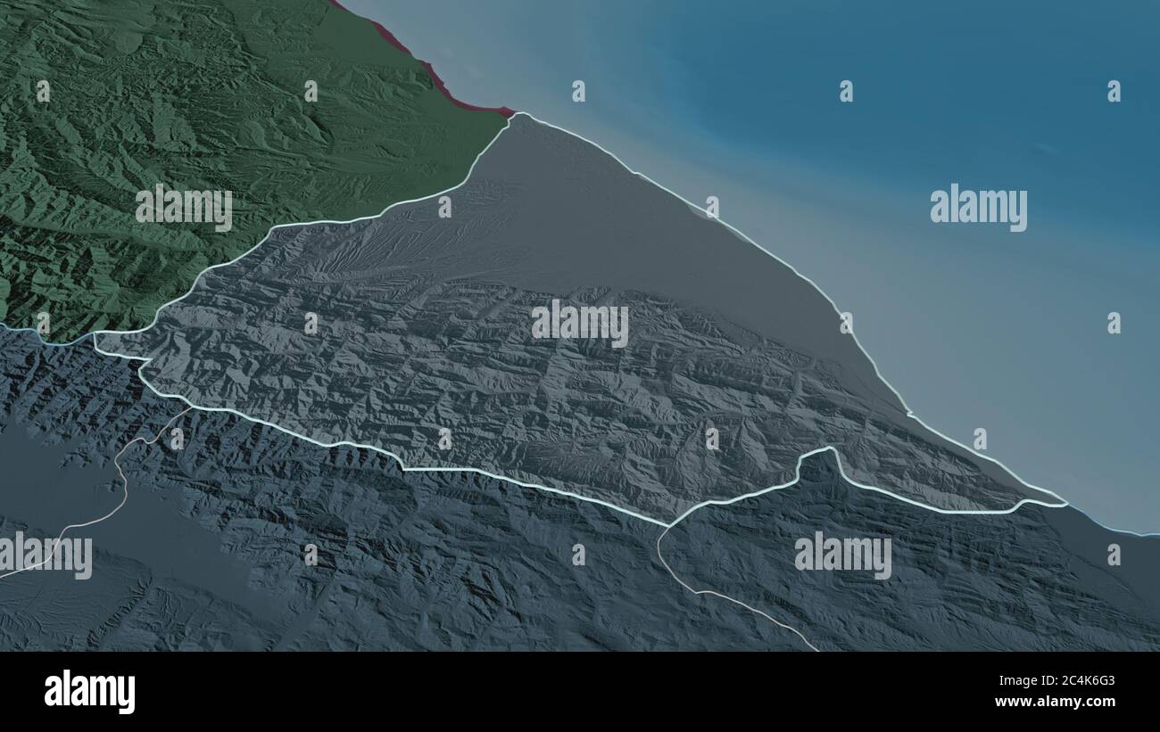 Zoom in on Quba-Khachmaz (region of Azerbaijan) outlined. Oblique ...