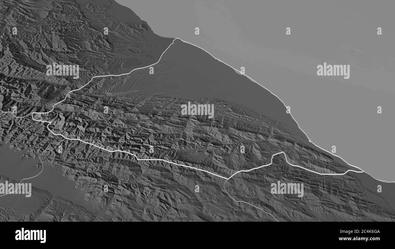 Zoom in on Quba-Khachmaz (region of Azerbaijan) outlined. Oblique ...