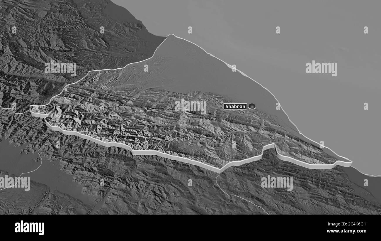 Zoom in on Quba-Khachmaz (region of Azerbaijan) extruded. Oblique ...