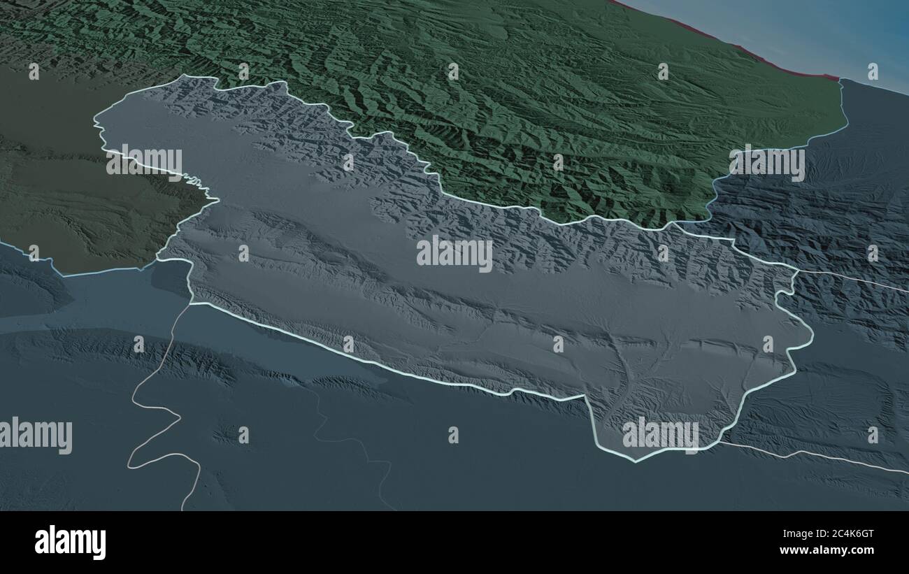Zoom in on Shaki-Zaqatala (region of Azerbaijan) outlined. Oblique ...
