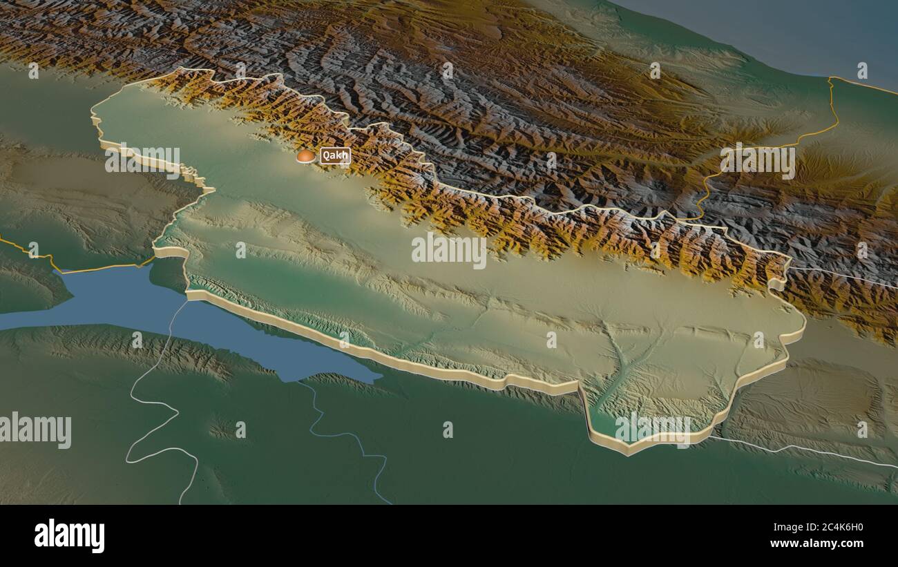 Zoom in on Shaki-Zaqatala (region of Azerbaijan) extruded. Oblique ...