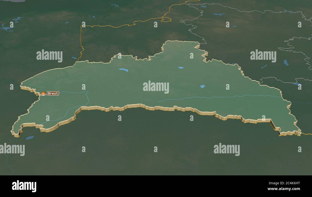 Zoom in on Brest (region of Belarus) extruded. Oblique perspective ...