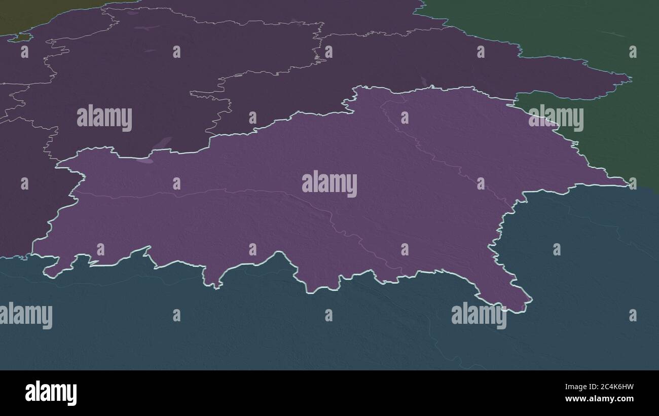 Zoom in on Homyel' (region of Belarus) outlined. Oblique perspective ...