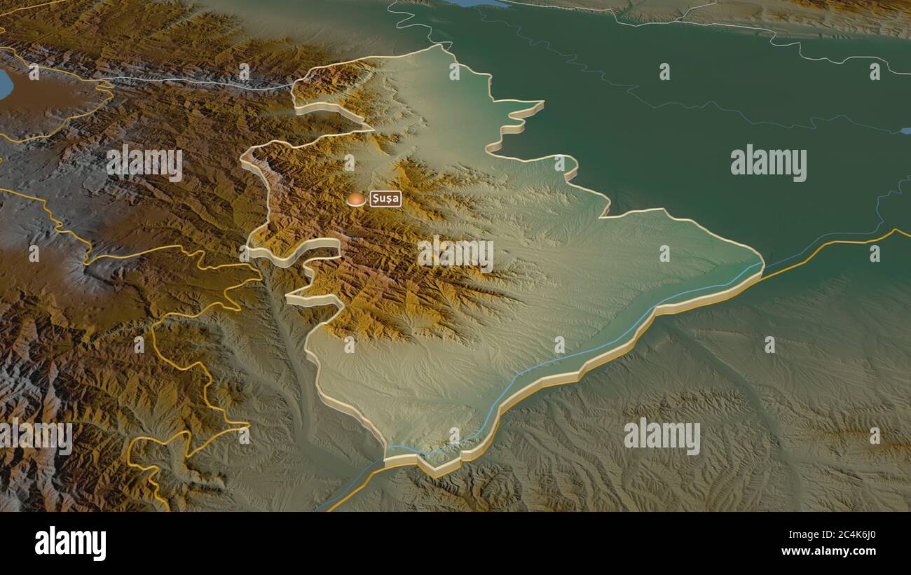 Zoom in on Yukhari-Karabakh (region of Azerbaijan) extruded. Oblique ...