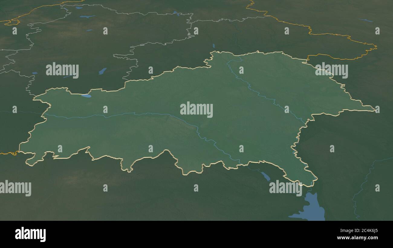 Zoom in on Homyel' (region of Belarus) outlined. Oblique perspective ...