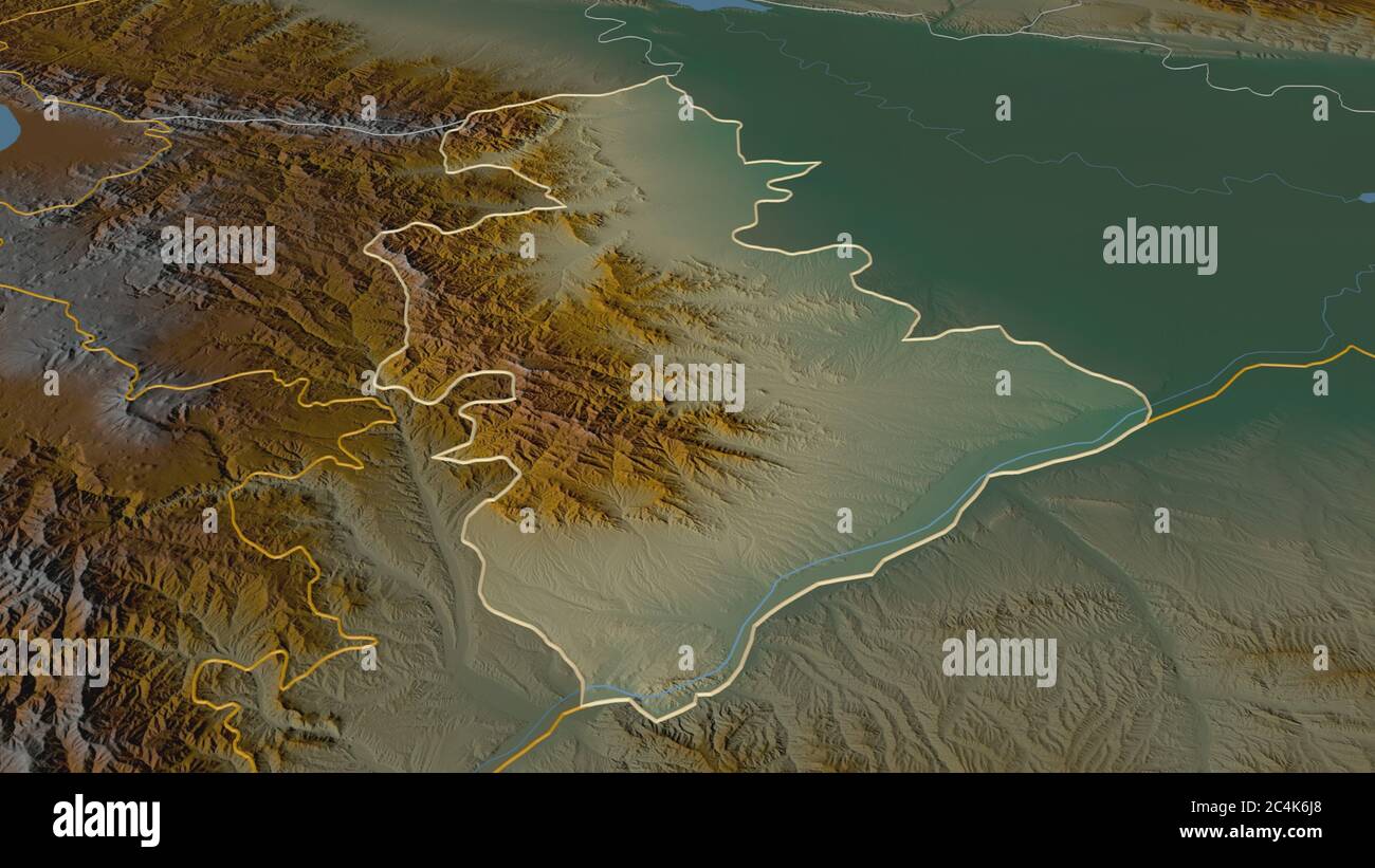 Zoom in on Yukhari-Karabakh (region of Azerbaijan) outlined. Oblique ...