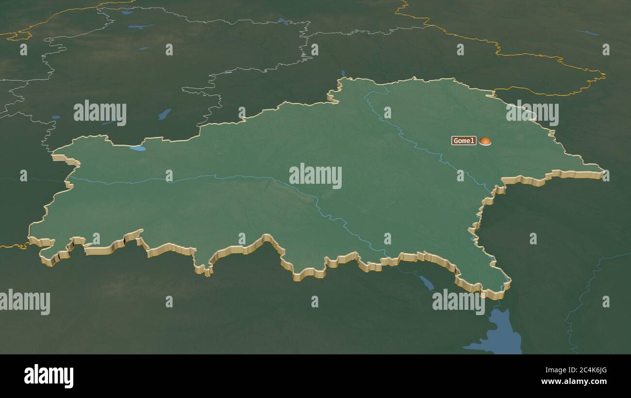 Zoom in on Homyel' (region of Belarus) extruded. Oblique perspective ...