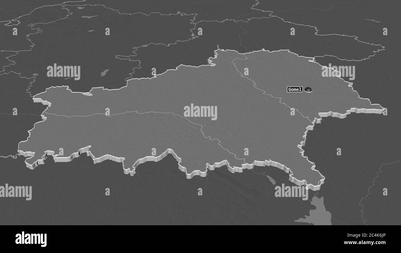 Zoom in on Homyel' (region of Belarus) extruded. Oblique perspective ...