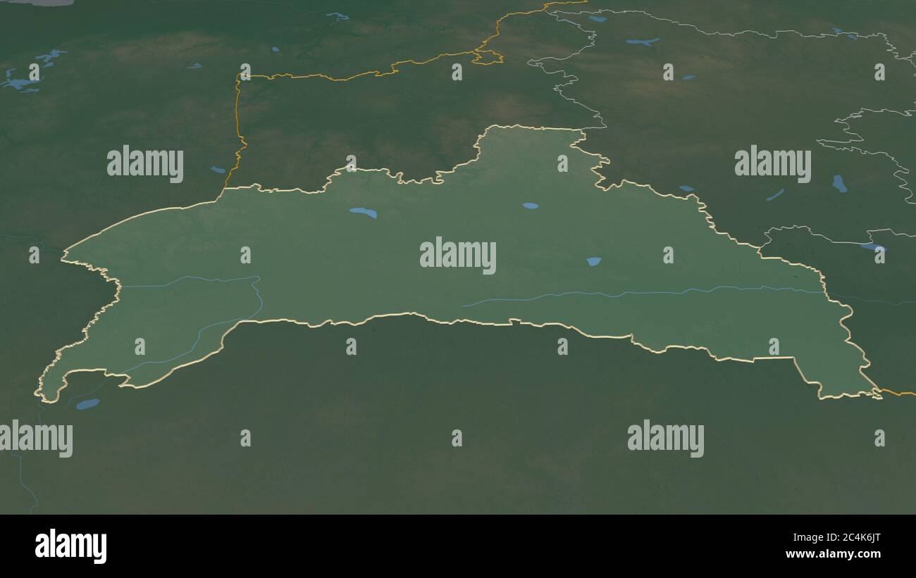 Zoom in on Brest (region of Belarus) outlined. Oblique perspective ...